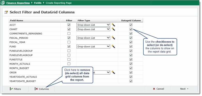 Select Filters and Datagrid Columns