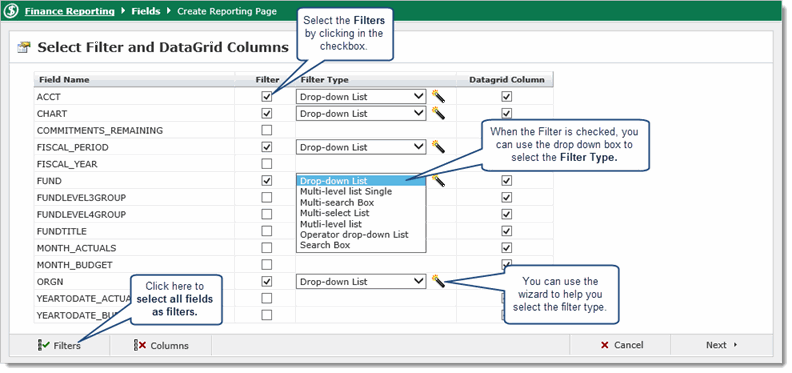 Select Filters and Datagrid Columns